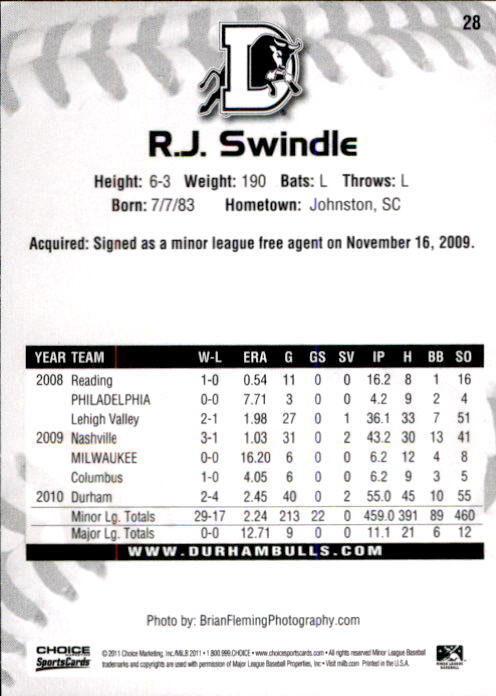2011 Durham Bulls Choice #28 R.J. Swindle Johnston South Carolina ...