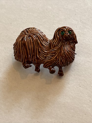 Vtg 1960 Gerrys Brooch Pin Pekingese Dog Green Rhinestone Eyes Brown ...