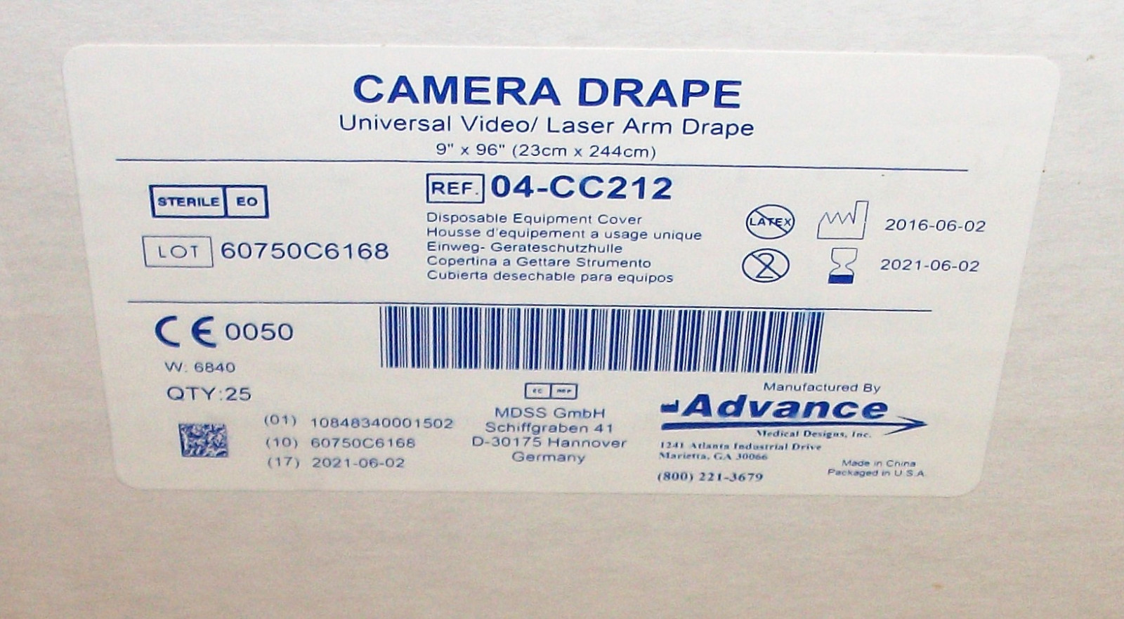 ADVANCE MEDICAL DESIGNS 04-CC212 DRAPE CAMERA & LASER 9X96" BLUE ...