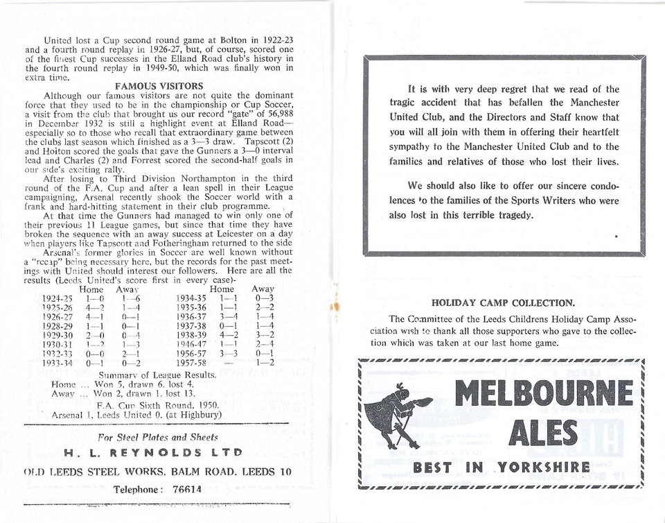 LEEDS UNITED V ARSENAL ~ 8 FEBRUARY 1958 ~ WITH MANCHESTER UNITED ...