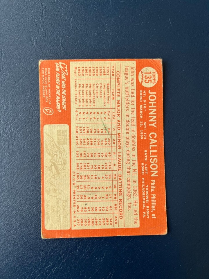 1964 Topps - #135 Johnny Callison **FREE SHIPPING** | eBay