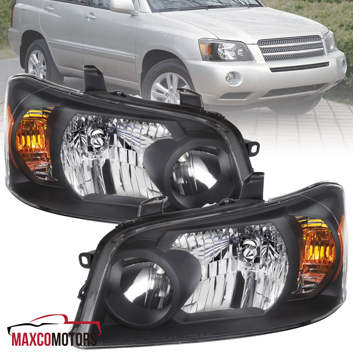 Black Headlights Fits 2004-2007 Toyota Highlander Head Lamps Left+Right ...