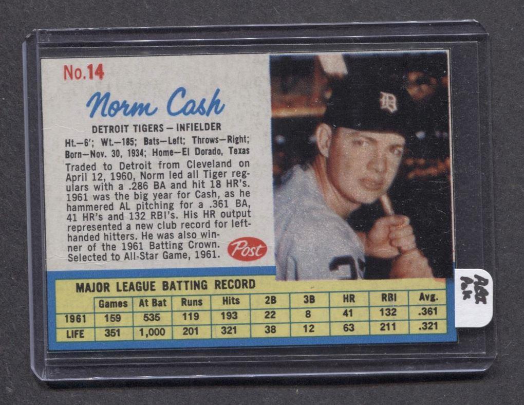 1962 Post #14 Norm Cash (Tigers) (ABI-Treat Pak) (Throws Right) Vg-Ex ...