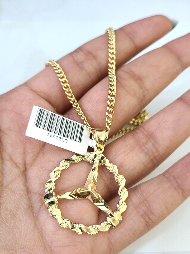 10k Gold Miami Cuban Chain & Round Charm Pendent SET 3mm 20 Inches ...