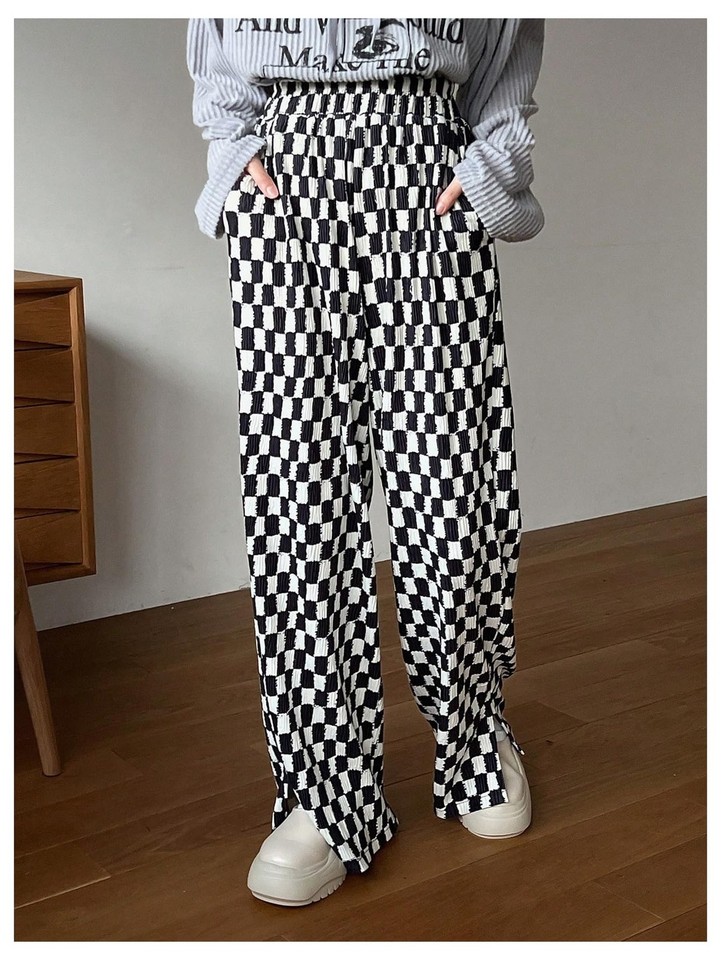 Women's Checkered Pants Split Hem Straight Leg Elastic Waist Casual ...