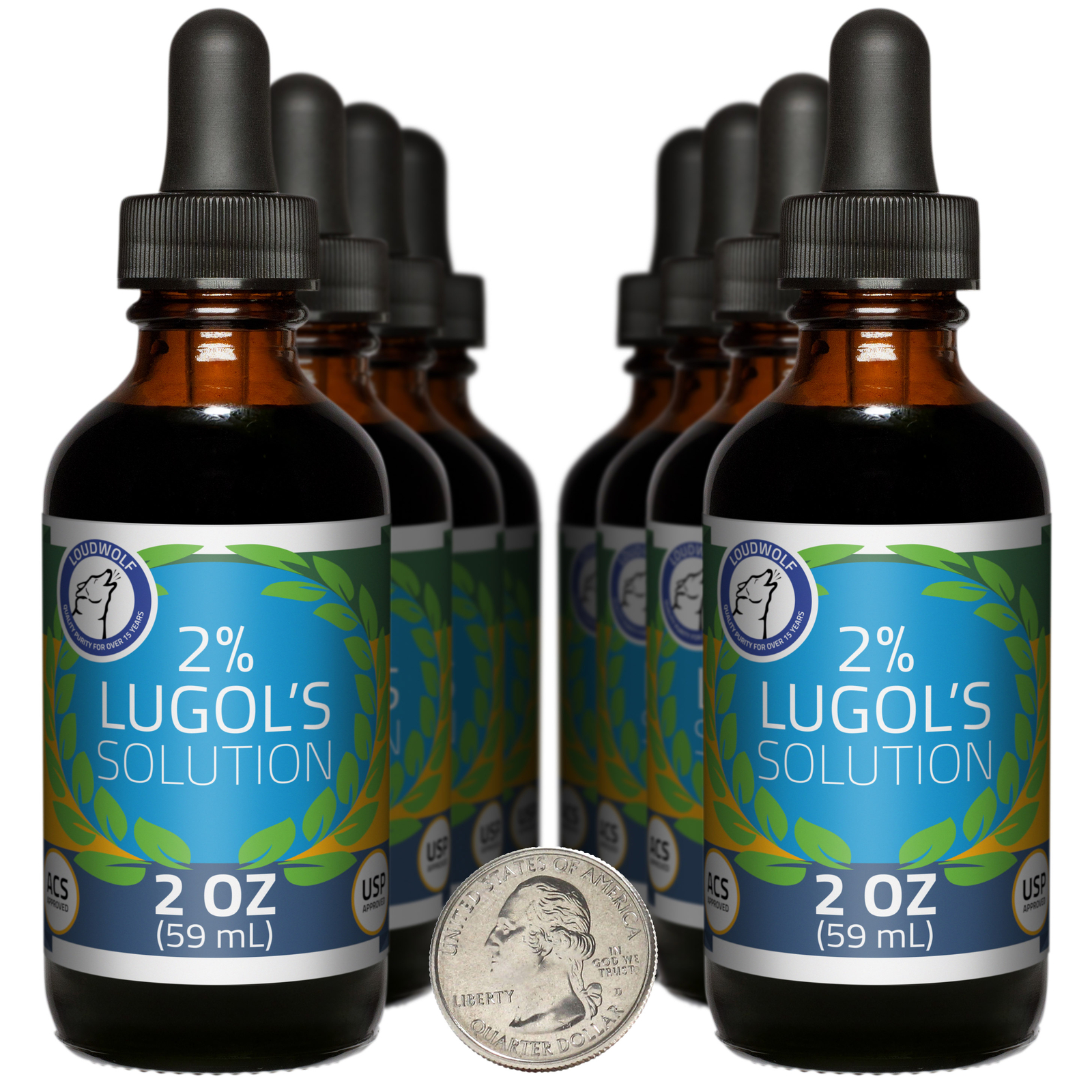 Lugols Solution 2% / 16 Fluid Ounces / 8 Bottles / Dropper Cap Included ...