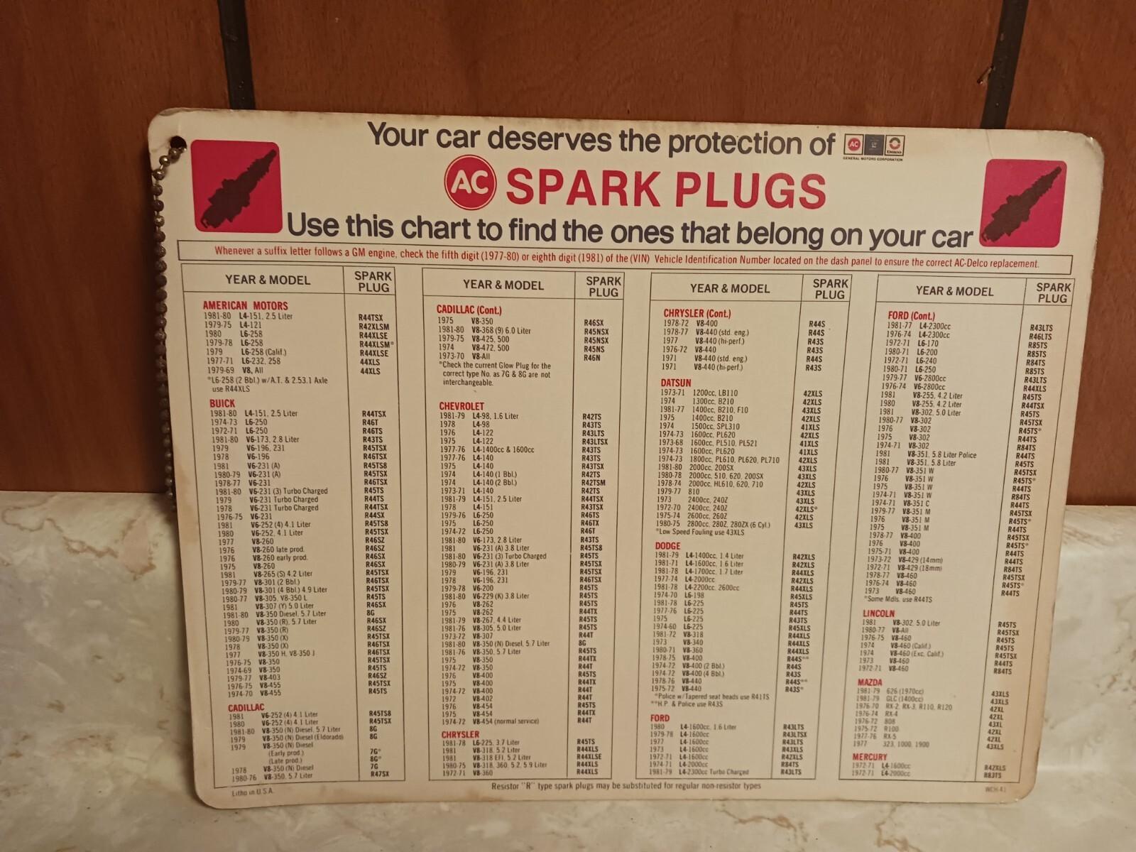 1981 Laminated AC Spark Plug Wall Chart W/Hang Chain, Double-Sided ...