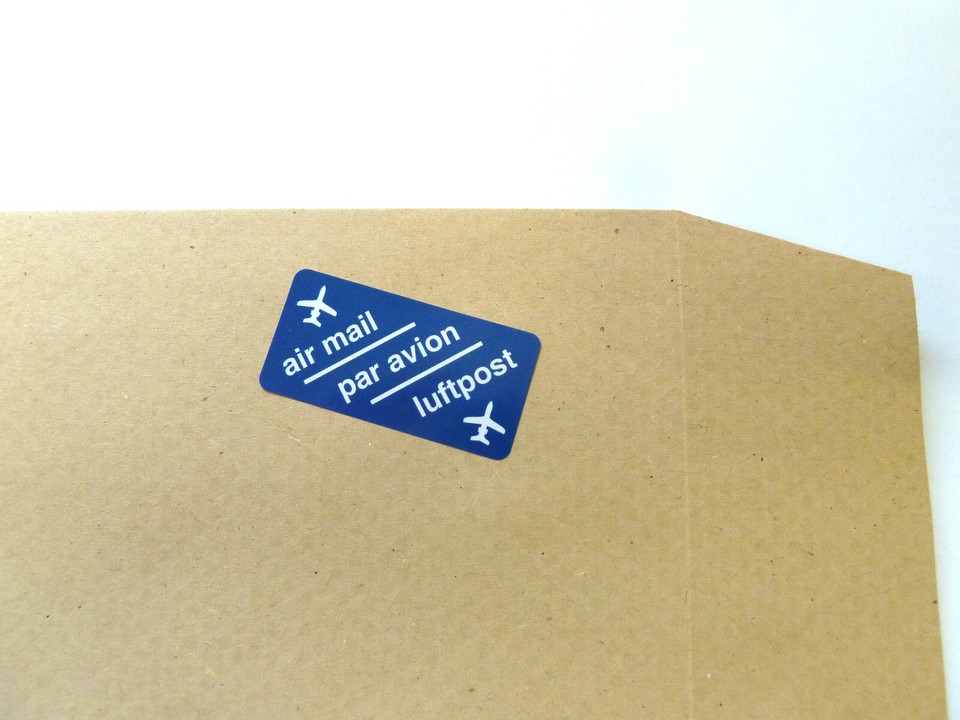 Air Mail labels, white on blue stickers for overseas post, letters and ...