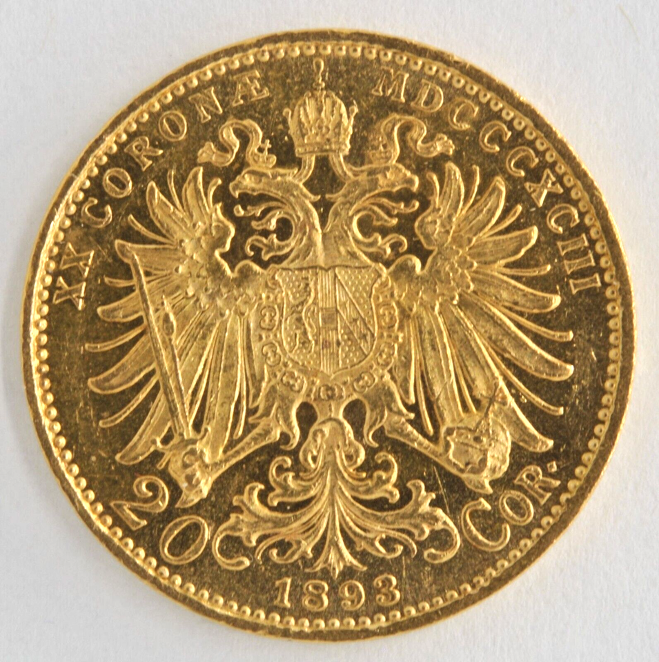1893 Austria 20 Corona Ruler Franz Joseph I .900 Fine Gold Coin KM ...