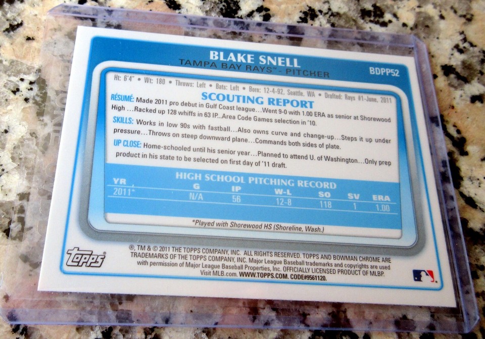 BLAKE SNELL 2011 Bowman CHROME #1 Draft Pick 1st TRUE Rookie Card RC WS ...