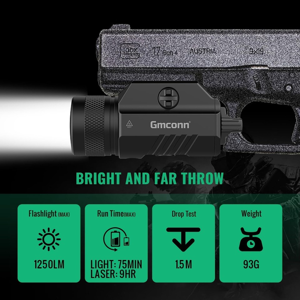 GMCONN 1250 lm Tactical Flashlight Strobe Weapon Light for Pistol ...