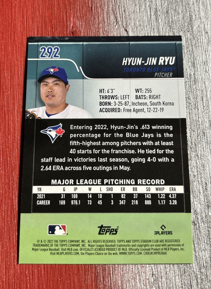 2022 Topps Stadium Club Black Foil #292 Hyun-Jin Ryu Toronto Blue Jays ...