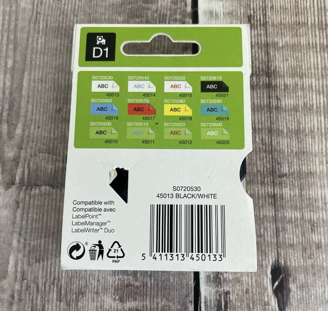 BLACK ON WHITE D1 Tape Cartridge 12mmx7m Compatible Fits Dymo Label ...