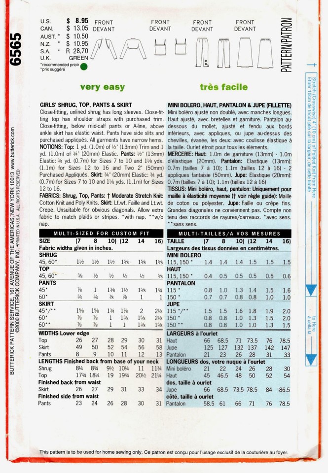 Butterick 6565 Shrug Top Pants Skirt Girls Sewing Pattern Uncut Size 7 ...