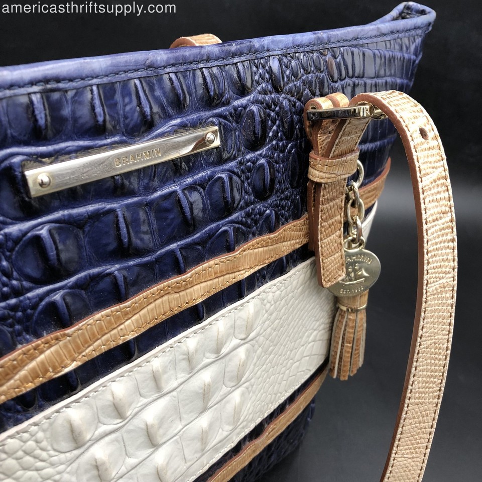 Brahmin Indigo BlueTanWhite Leather 'Washed Indigo' Tote Bag (+COA) | eBay