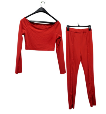 Women Sexy Slash Neck Crop Top with Split Button Pants Two Piece Set ...