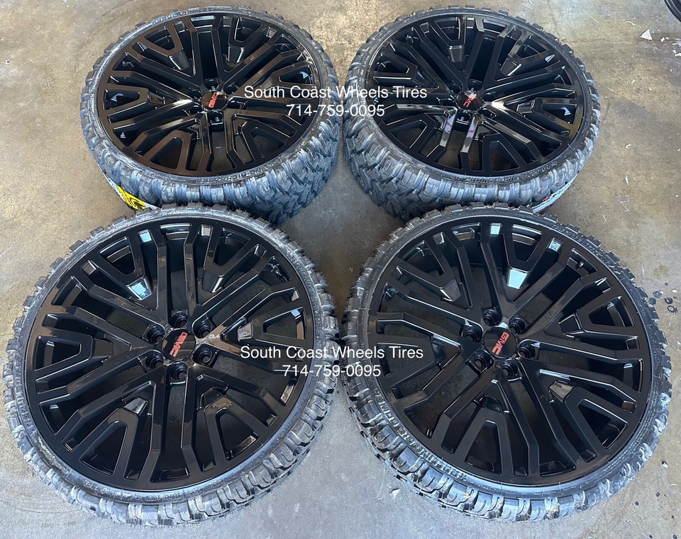 26” NEW 2024 SIERRA YUKON BLACK MESH WHEELS TAHOE SILVERADO 33” MT Mud ...