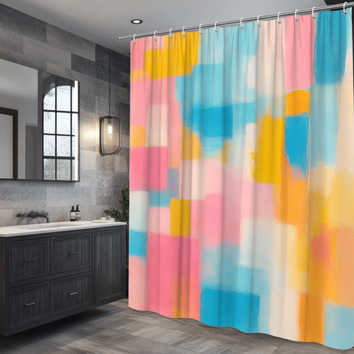 Colorful Abstract Shower Curtain - Pink, Blue, Yellow Design | eBay UK