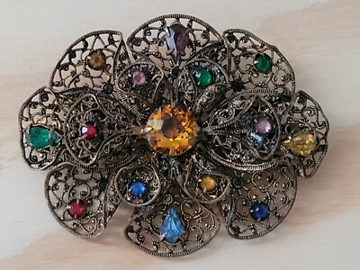 Vintage Czech Glass Art Deco Multi-Color Rhinestone Filigree Brooch Pin ...