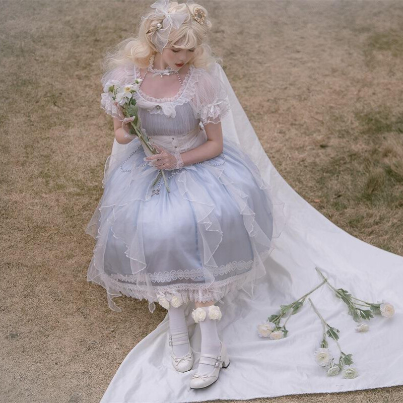 Ladies Princess Ruffle Dress Midi Gothic Bow Sweet Lace Puff Sleeve ...