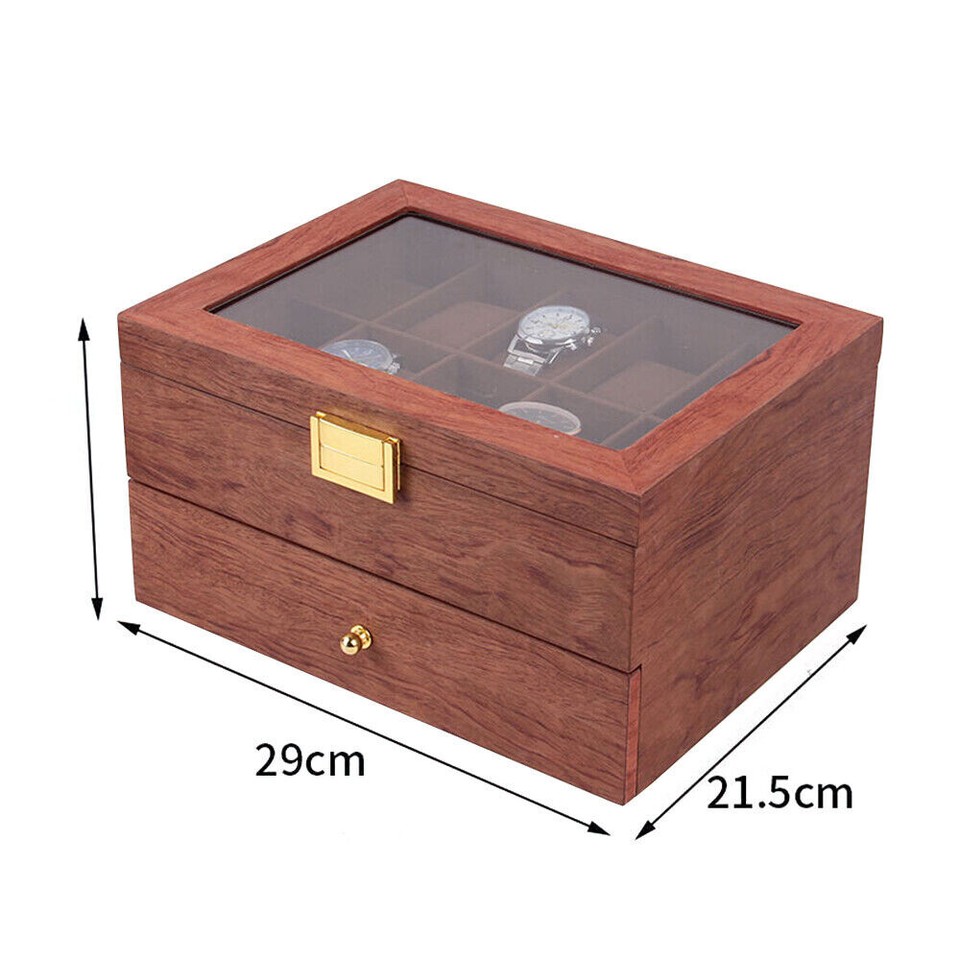 2 Tier 20 Slot Wooden Watch Display Case Glass Top Jewelry Storage ...