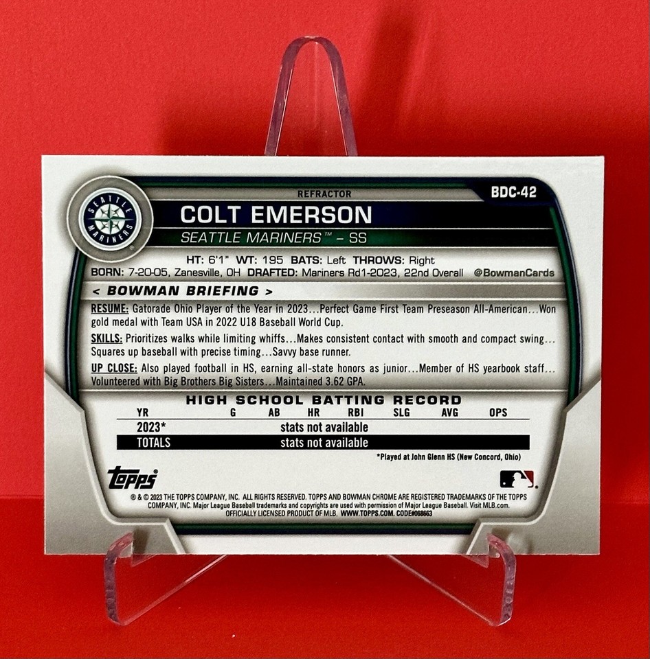 2023 Bowman Chrome Draft - Colt Emerson - 1st Prospect Refractor - #BDC ...