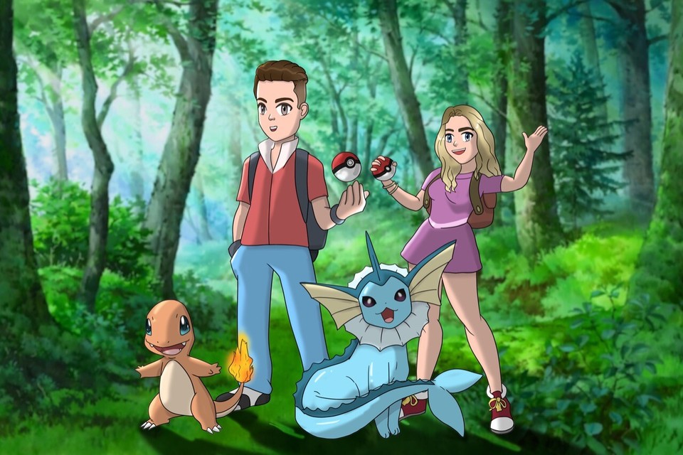 Pokemon Custom Couple Framed Poster, Custom Cartoon Portraits, Portrait ...