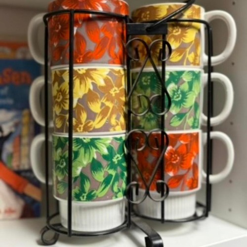 Vintage Groovy flower Japan mugs with holder colorful flower power | eBay