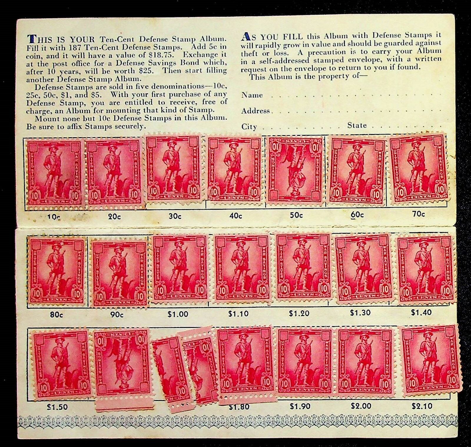 USA 10 Cent Defense Stamp Album W/ 36 Stamps Original Folder Savings ...