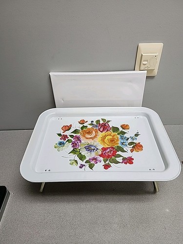 Vintage MCM Metal Lap TV Tray with Folding Legs Floral Roses Shabby ...