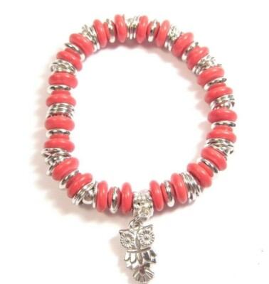 Red Howlite, Resin Silvertone Owl Charm Bracelet (Stretc.) 105Ct New ...