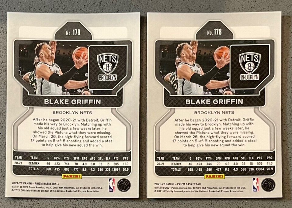 2x Lot 2021-22 Panini Prizm Basketball NBA #178 Blake Griffin Base Card ...