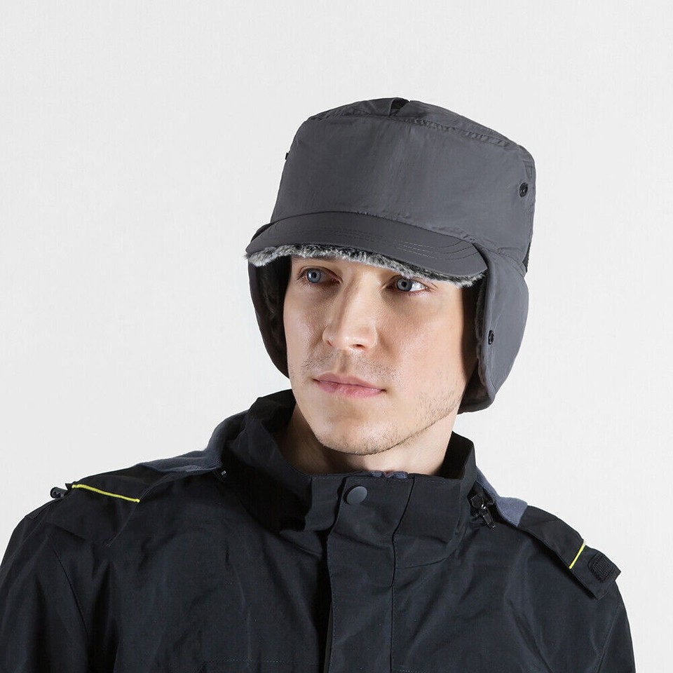 Mens Women Thermal Beanie Baseball Cap with Visor Ear Flaps Winter ...