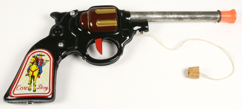 WORKING VINTAGE JAPAN TIN POP GUN CORK GUN "COWBOY" TOY METAL GUN 1950s ...