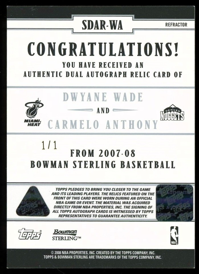 2007 Bowman Sterling JERSEY AUTO RED REFRACTOR 1/1 ~ Dwyane Wade ...