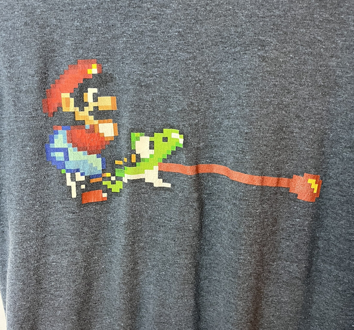 Super Mario World Pixelated Mario Riding Yoshi Grey T… - Gem