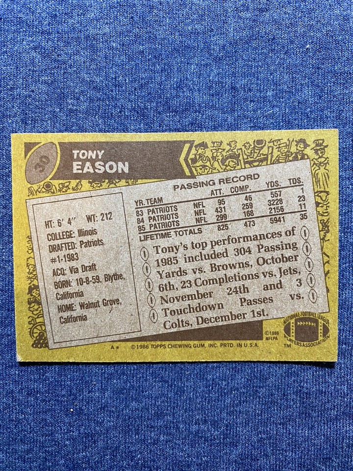 🔥1986 Topps Football Card TONY EASON #30 New England Patriots QB NFL🔥 ...