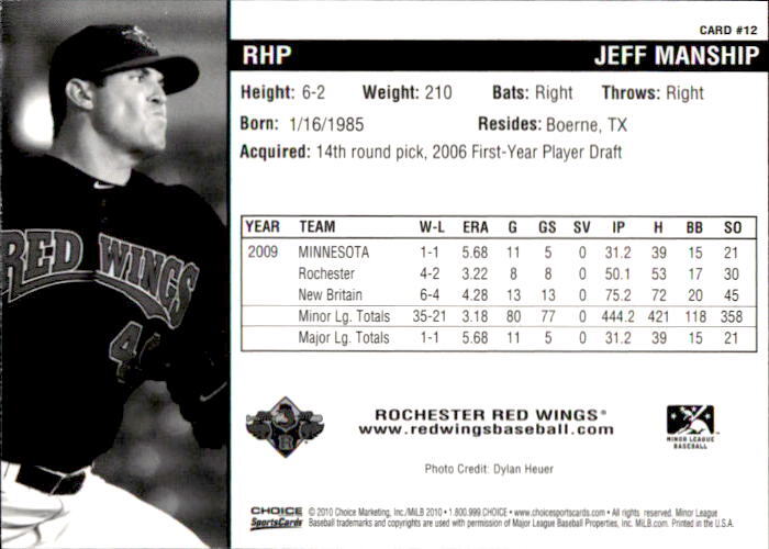 2010 Rochester Red Wings Choice #12 Jeff Manship Boerne Texas TX ...
