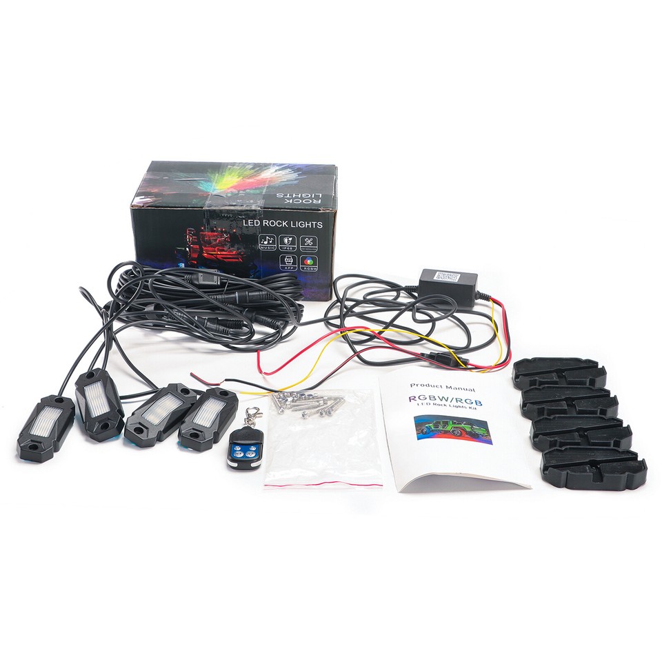 2X 4ft Lighted Spiral LED Whip Antenna w/Flag + 4 Pods RGB Rock Lights ...