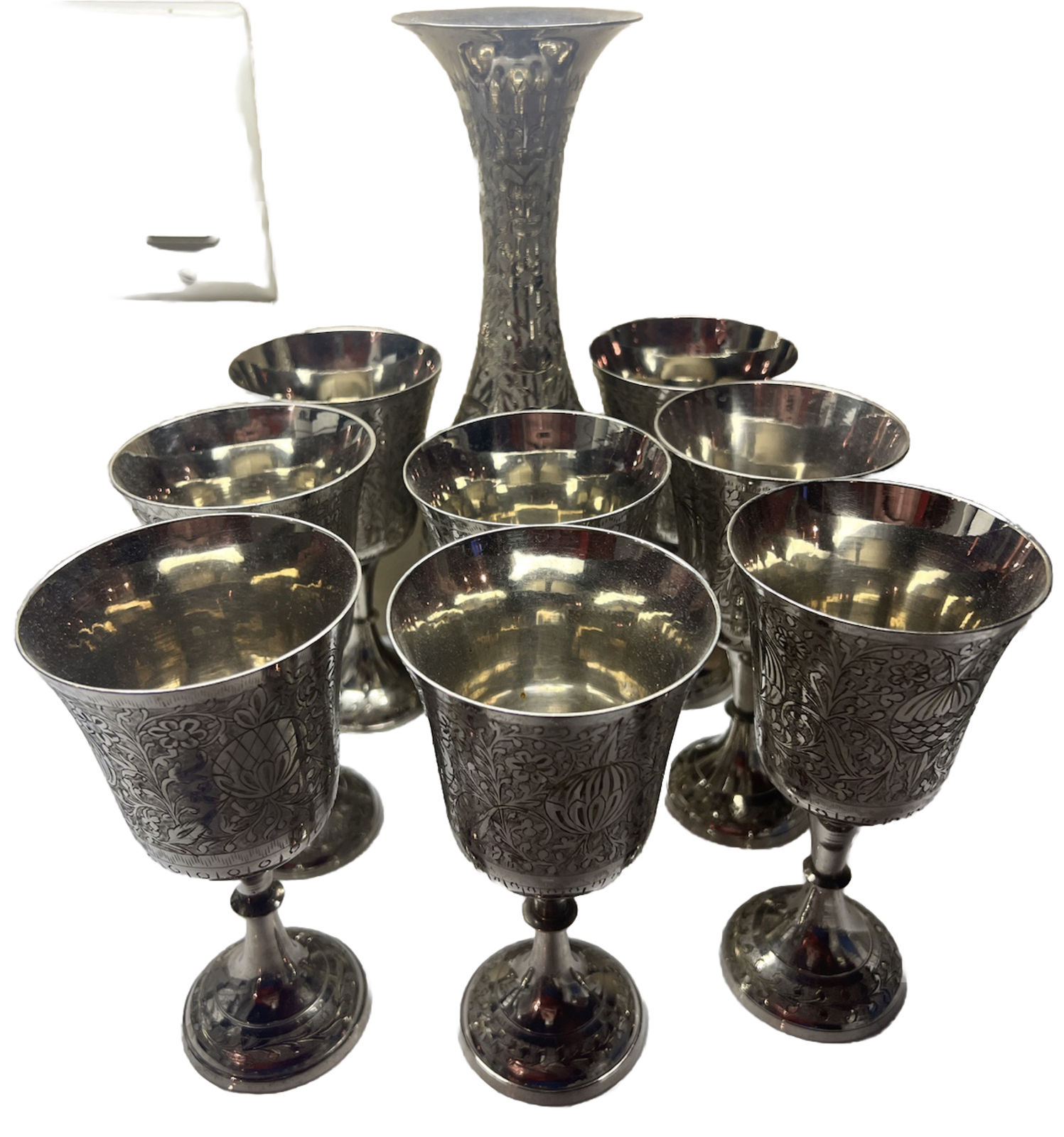 World Gift ZY India Silver plate Chandi Engraved Goblets Pitcher Wine ...