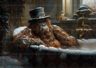 Bigfoot Art Print Funny Cryptid Bathtub Fantasy Bathroom Sasquatch Bath ...