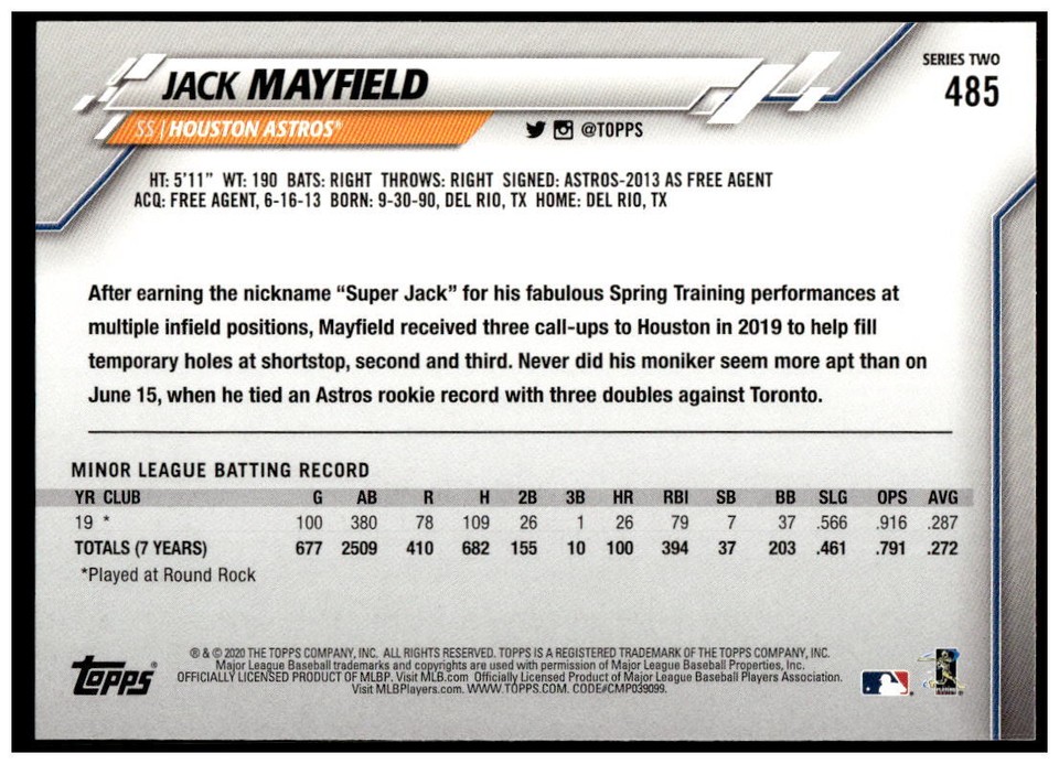 2020 Topps #485 Jack Mayfield NM | eBay