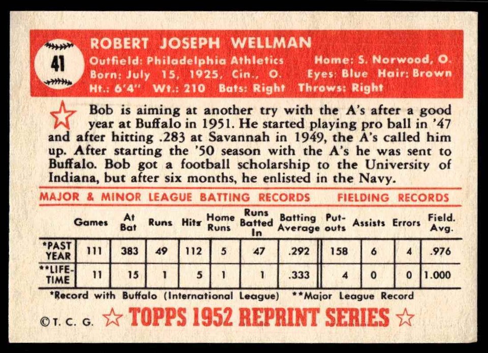 1983 Topps 1952 Reprint Series Bob Wellman Philadelphia Athletics #41 ...