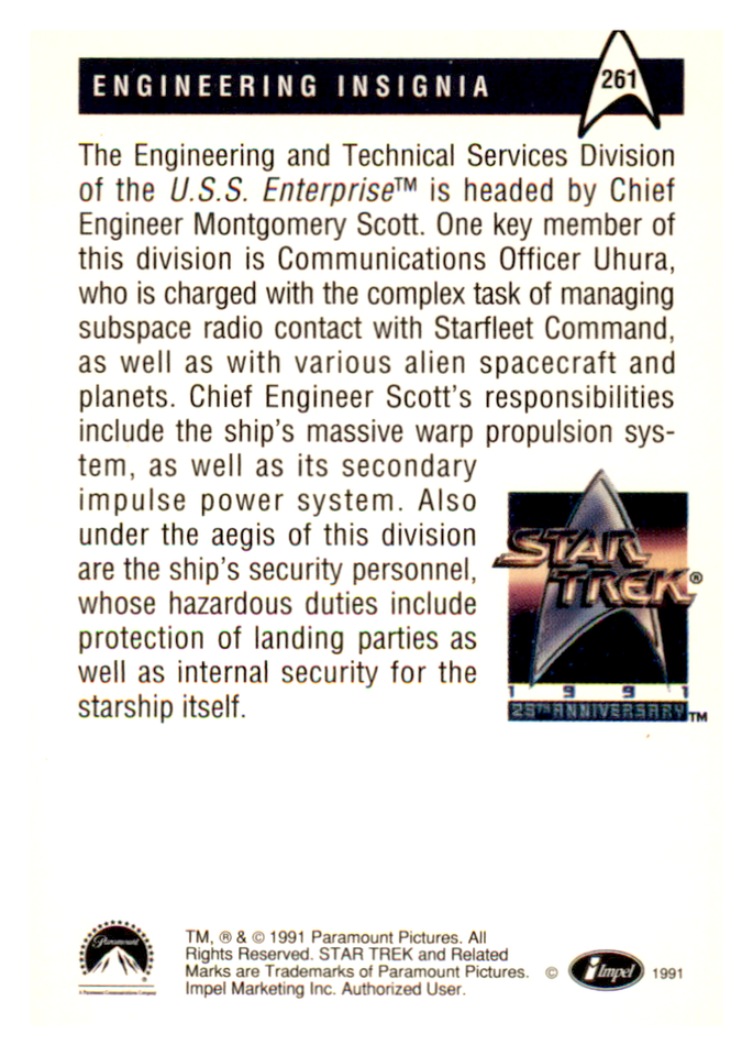 1991 STAR TREK Engineering Insignia Trading Card #261 Paramount ...