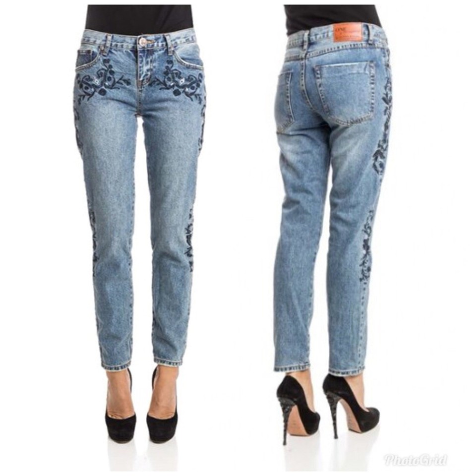 One Teaspoon NWT Floral Embroidered Jeans Straight Light Wash Lola Awe ...