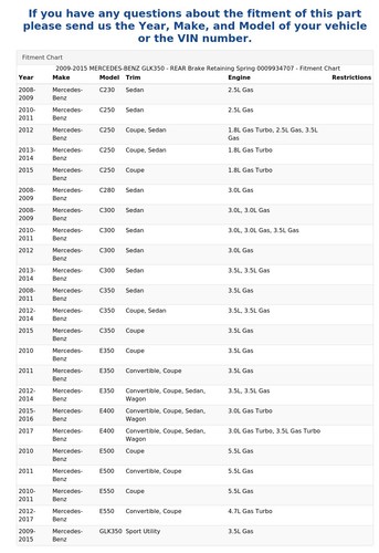 2009-2015 MERCEDES-BENZ GLK350 - REAR Brake Retaining Spring 0009934707 ...