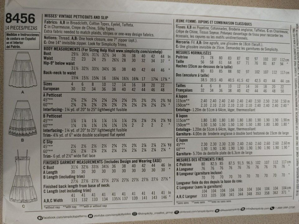 Simplicity Pattern 8456 Retro 1950's Petticoats Slip Misses Sizes 4 6 8 ...