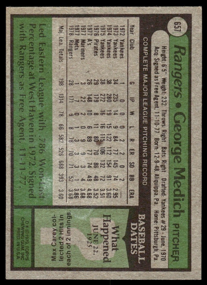 1979 Topps Doc Medich Texas Rangers #657 | eBay