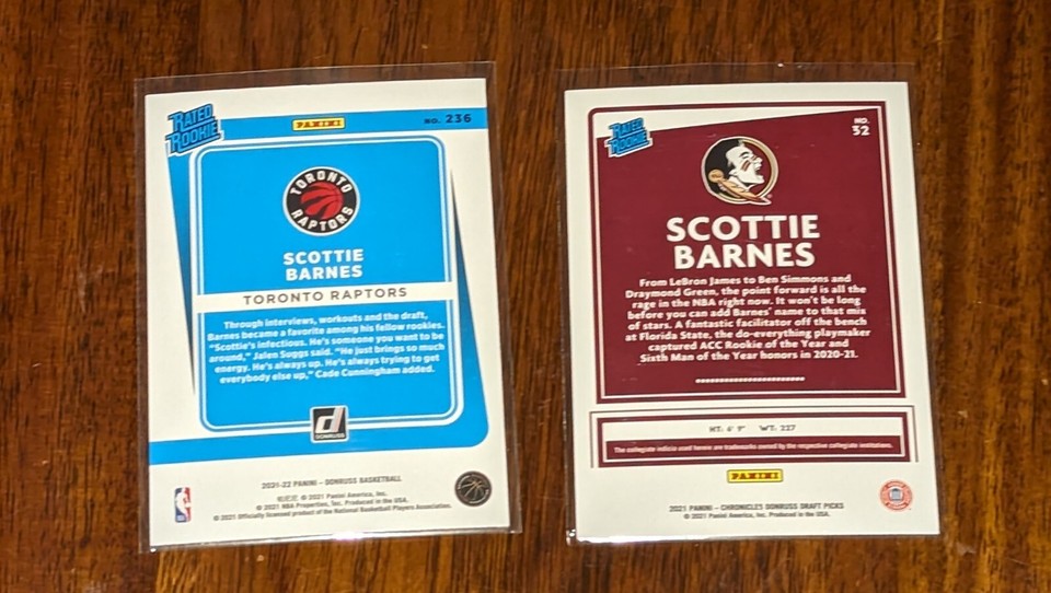 Qty. 2 Scottie Barnes DONRUSS Rated Rookie Cards College #32 + NBA #236 ...