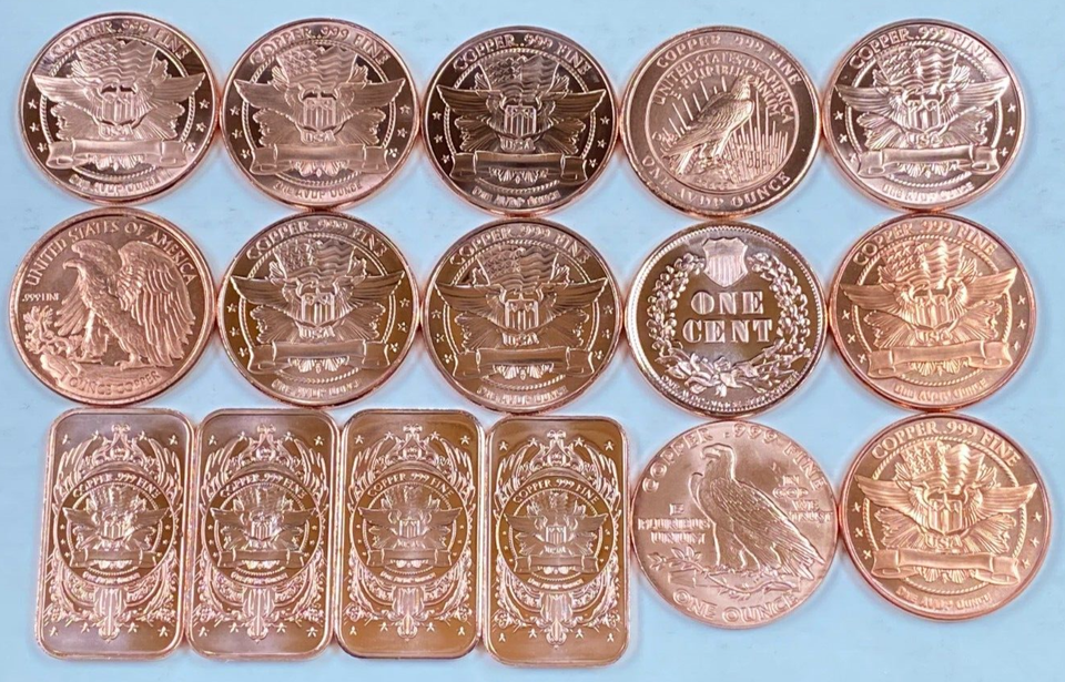 Copper Coins & Bars * 1 Oz. Ea. * .999 Bullion * US Mint * 16 Piece ...